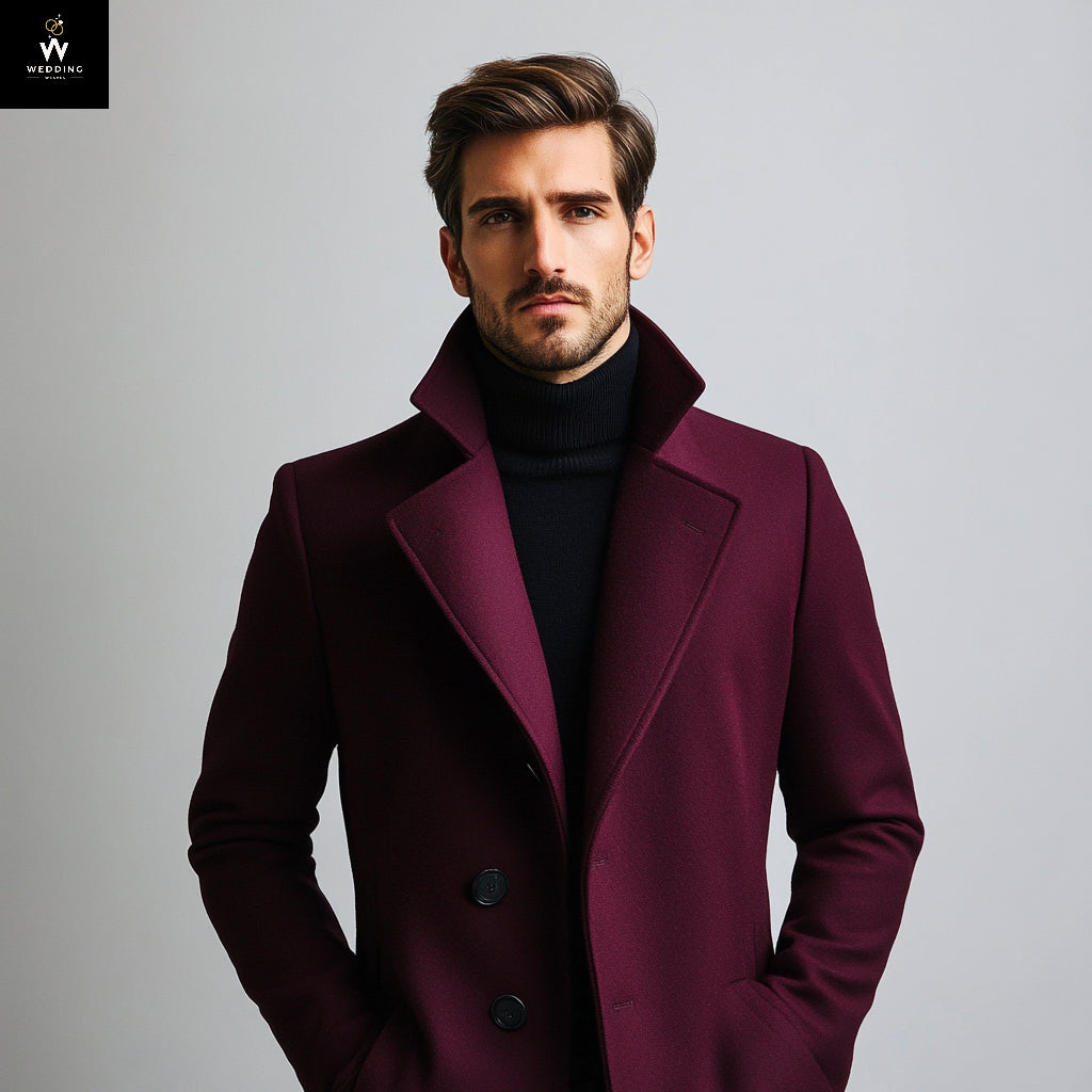 Men’s Burgundy Wool Long Trench Coat – Wide Peak Lapel – Wedding Weaves ...