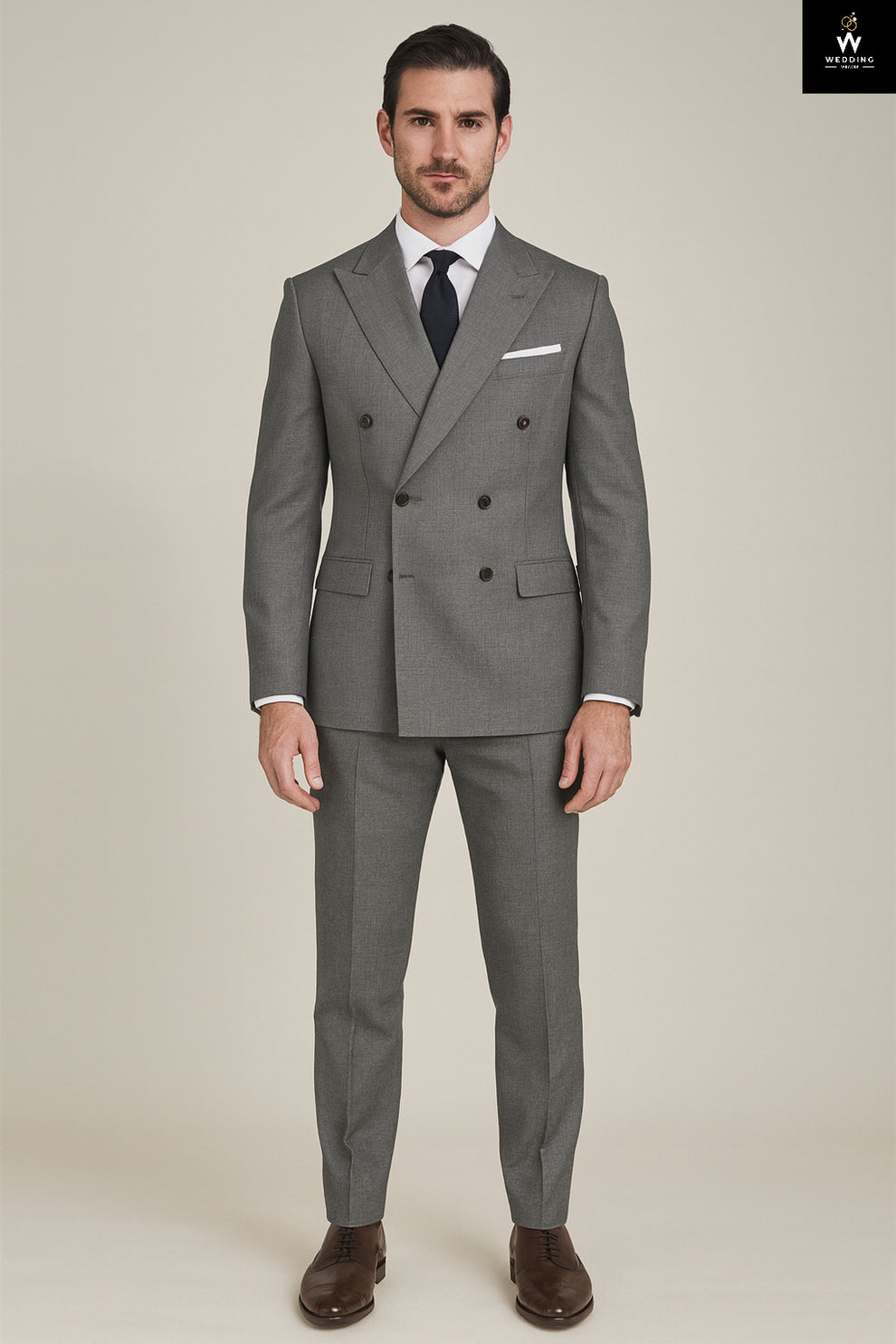 Grey Double-Breasted Men’s Suit – Elegant Two-Piece Business Attire ...