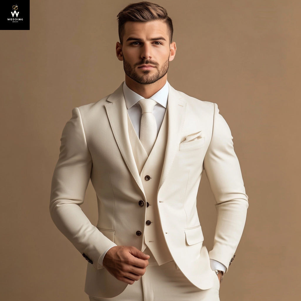 Men’s Ivory 3-Piece Slim Fit Suit – Tailored Elegance for Weddings ...
