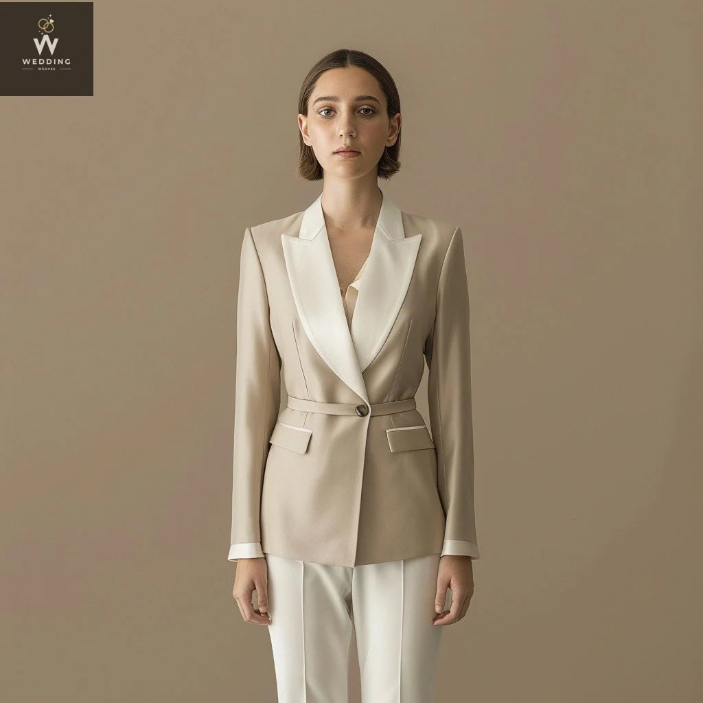 Beige Tuxedo Suit for Women – Beige & White Two-Piece Wedding Attire ...